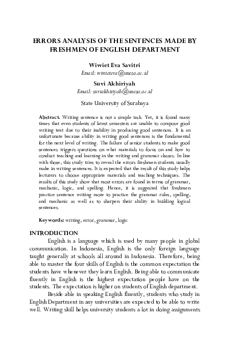 (PDF) Errors Analysis of The Sentences Made by Freshmen of English Department