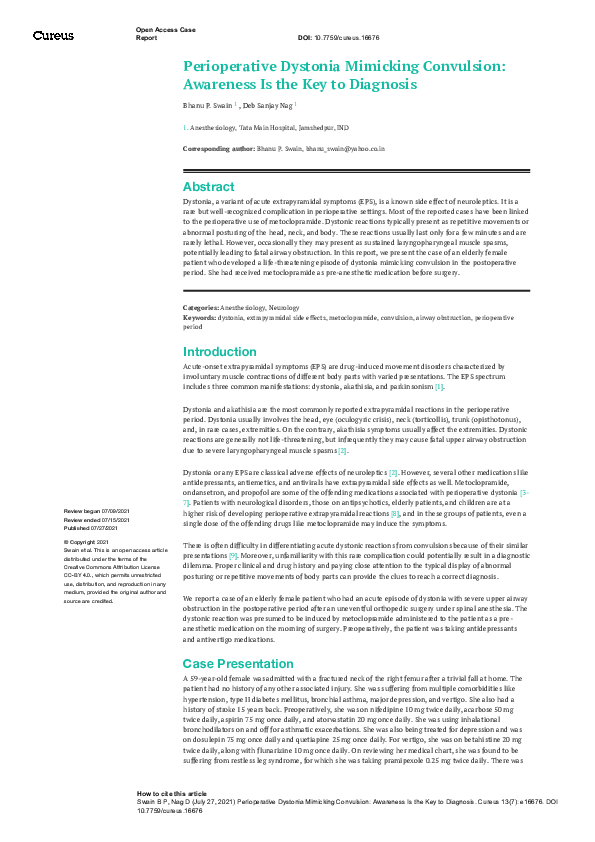 (PDF) Perioperative Dystonia Mimicking Convulsion: Awareness Is the Key ...