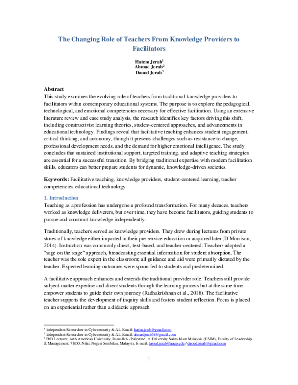 (PDF) The Changing Role of Teachers From Knowledge Providers to ...