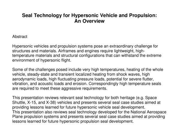 (PDF) Seal Technology for Hypersonic Vehicle and Propulsion: An Overview