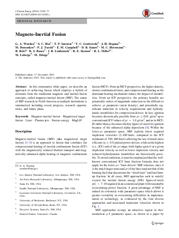 (PDF) Magneto-Inertial Fusion