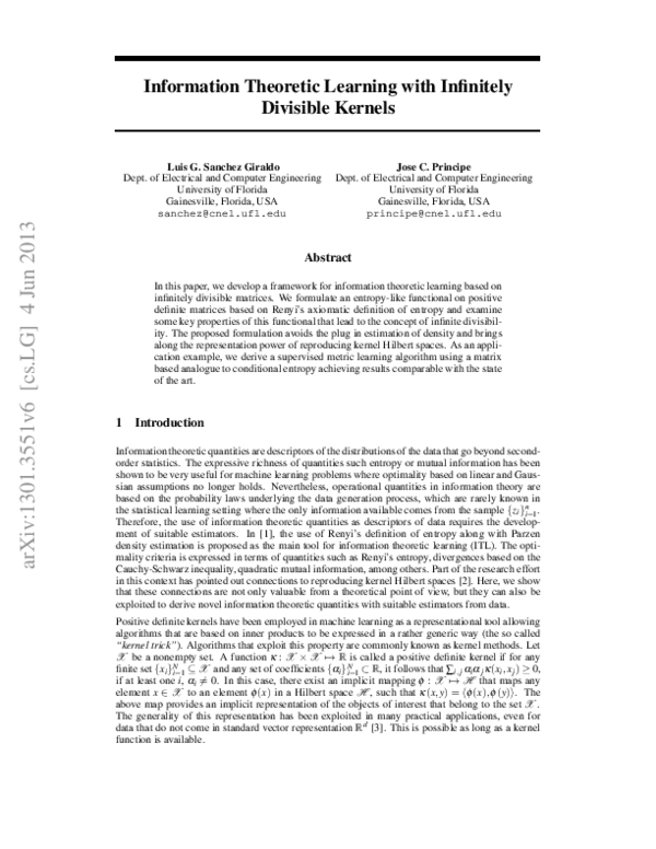 (PDF) Information Theoretic Learning with Infinitely Divisible Kernels