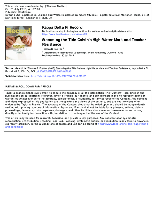 (PDF) Stemming the Tide Calvin's High-Water Mark and Teacher Resistance