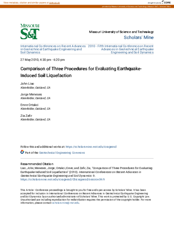 (PDF) Comparison of Three Procedures for Evaluating Earthquake-Induced Soil Liquefaction