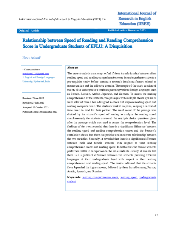 (PDF) Relationship between Speed of Reading and Reading Comprehension ...