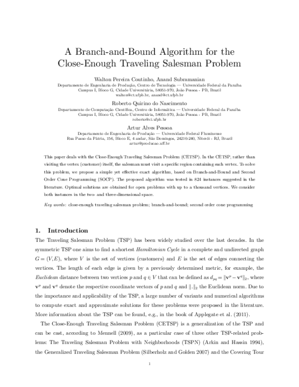 (PDF) A Branch-and-Bound Algorithm for the Close-Enough Traveling ...