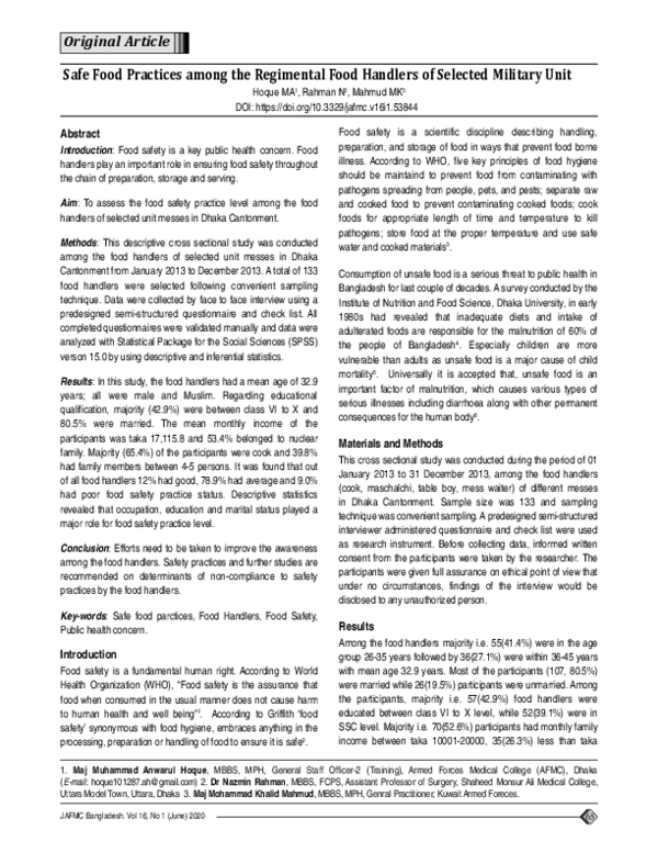 (PDF) Safe Food Practices among the Regimental Food Handlers of ...