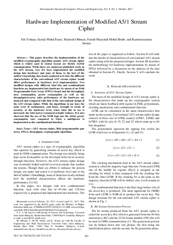 (PDF) Hardware Implementation of Modified A5/1 Stream Cipher