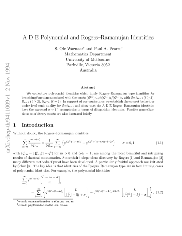(PDF) A-D-E Polynomial and Rogers-Ramanujan Identities