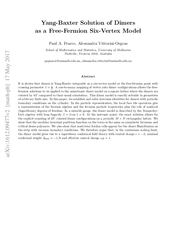 (PDF) Yang–Baxter solution of dimers as a free-fermion six-vertex model
