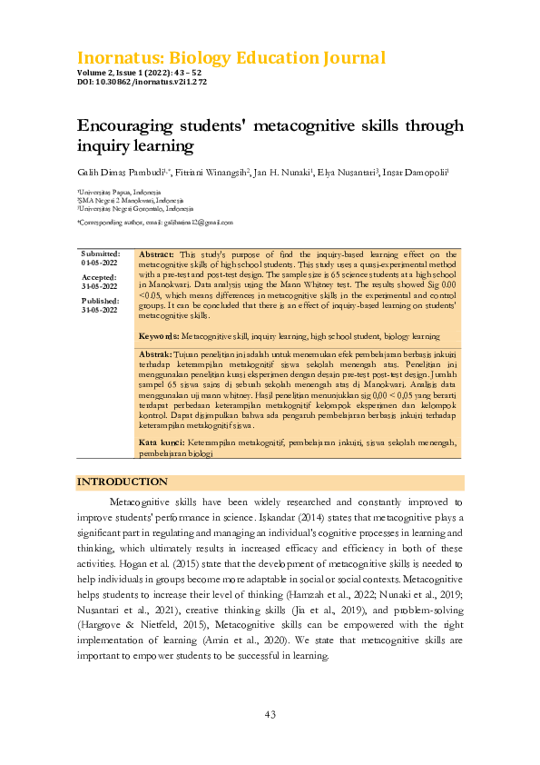 (PDF) Encouraging students' metacognitive skills through inquiry learning