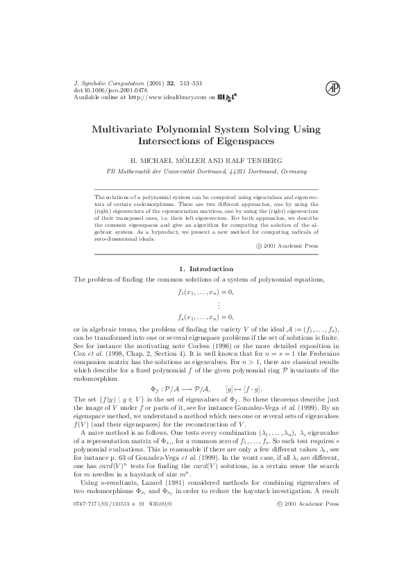 (PDF) Multivariate Polynomial System Solving Using Intersections of Eigenspaces