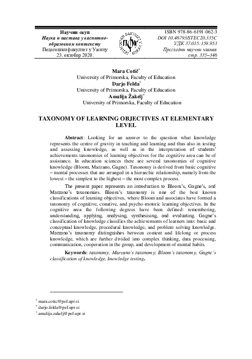 (PDF) Taxonomy of Learning Objectives at Elementary Level