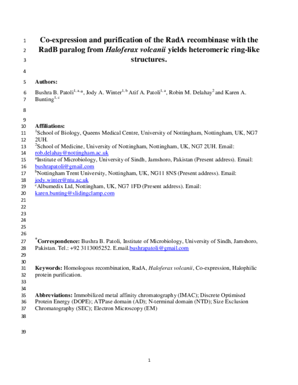 (PDF) Co-expression and purification of the RadA recombinase with the ...