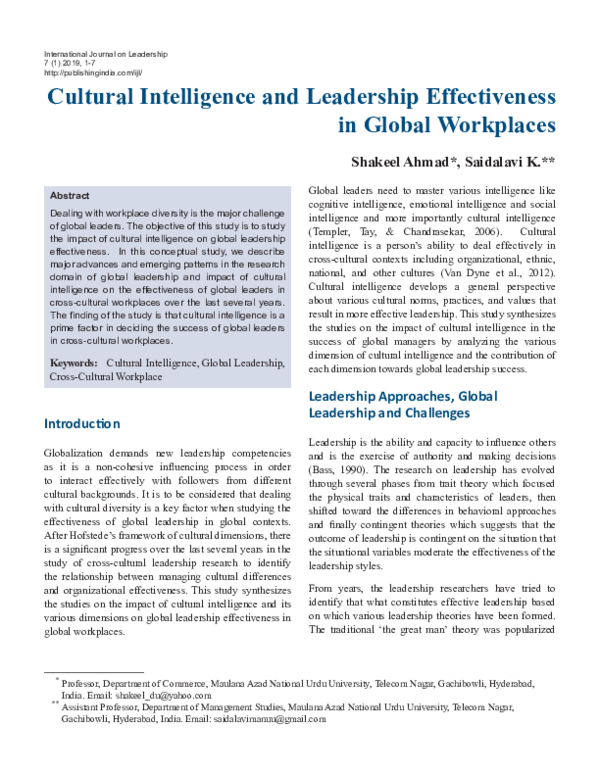 (PDF) Cultural Intelligence and Leadership Effectiveness in Global ...