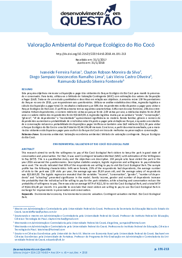 (PDF) Valoração Ambiental do Parque Ecológico do Rio Cocó