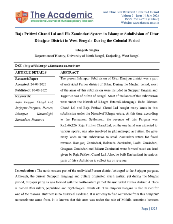 (PDF) Raja Prithwi Chand Lal and His Zamindari System in Islampur ...
