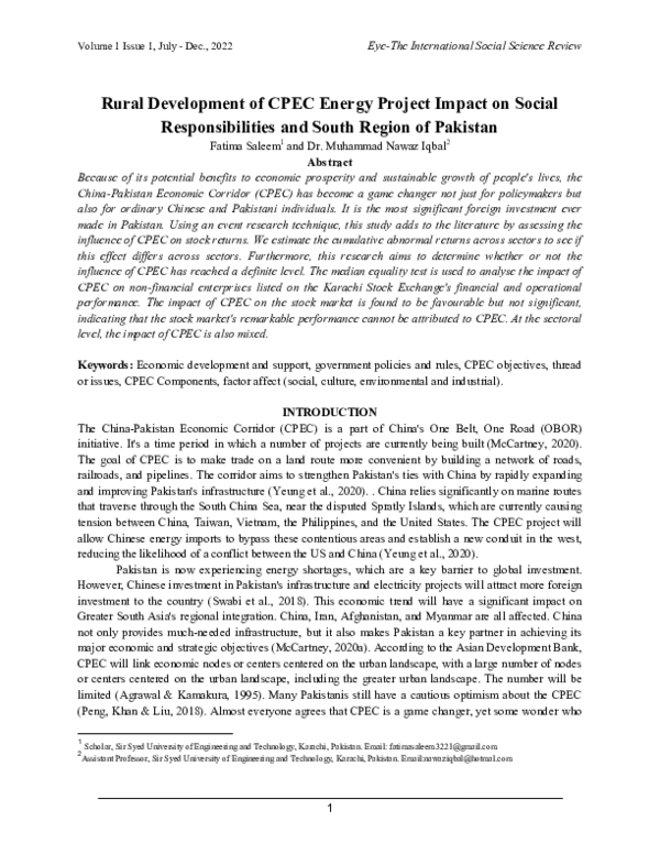 (PDF) Rural Development of CPEC Energy Project Impact on Social ...