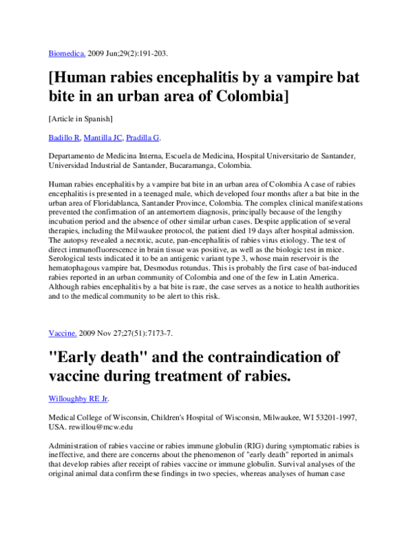 (PDF) [Human rabies encephalitis by a vampire bat bite in an urban area of Colombia]