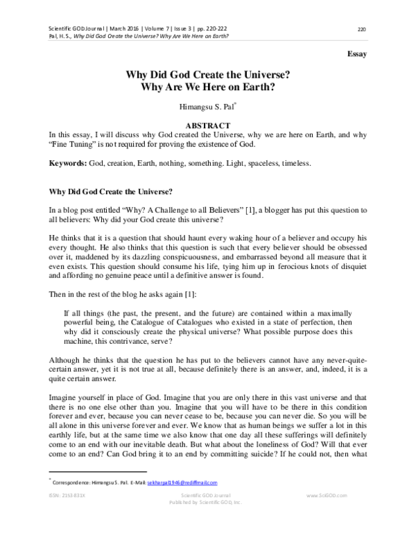 (PDF) Why Did God Create the Universe? Why Are We Here on Earth?