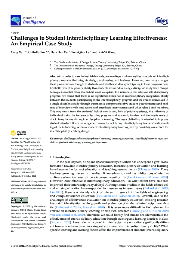 (PDF) Challenges to Student Interdisciplinary Learning Effectiveness: An Empirical Case Study