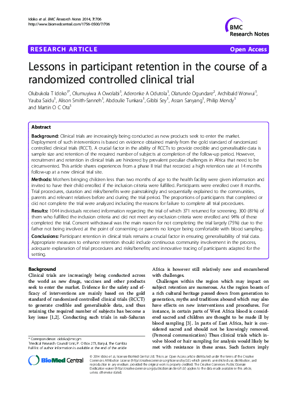 (PDF) Lessons in participant retention in the course of a randomized ...