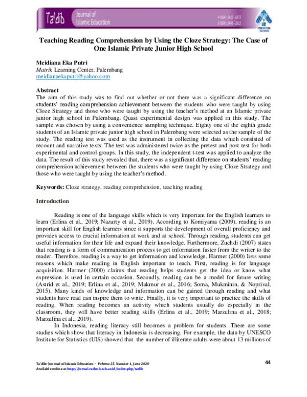 (PDF) Teaching Reading Comprehension by Using the Cloze Strategy: The ...