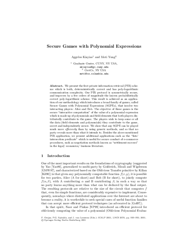 (PDF) Secure Games with Polynomial Expressions