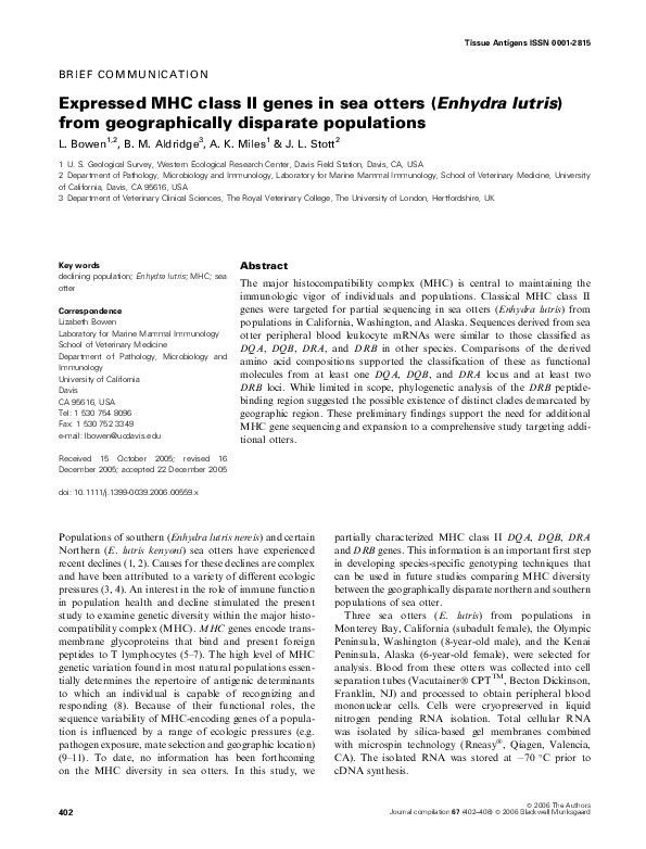 (PDF) Expressed MHC class II genes in sea otters (Enhydra lutris) from ...