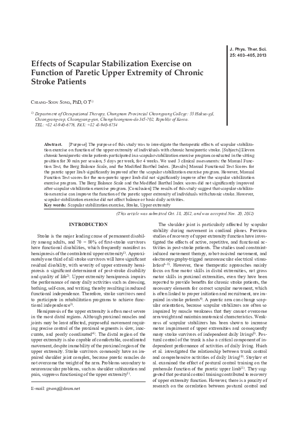 (PDF) Effects of Scapular Stabilization Exercise on Function of Paretic ...