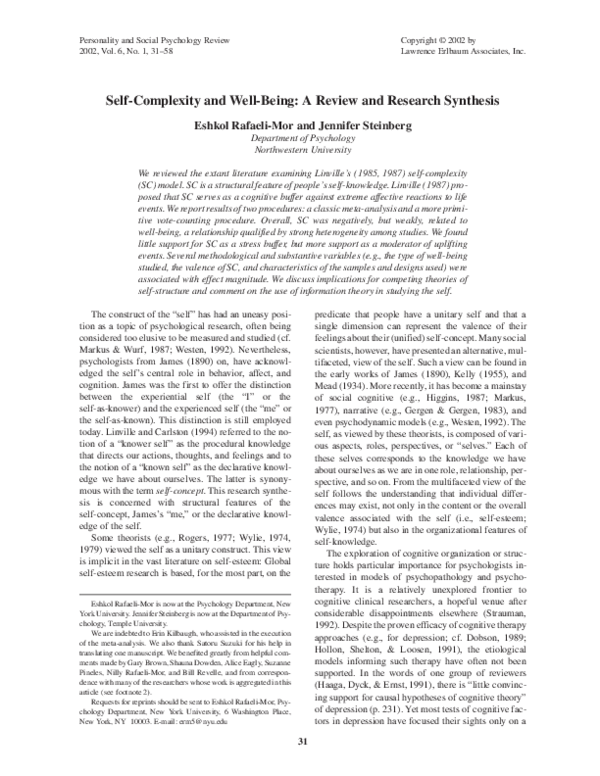 (PDF) Self-Complexity and Well-Being: A Review and Research Synthesis