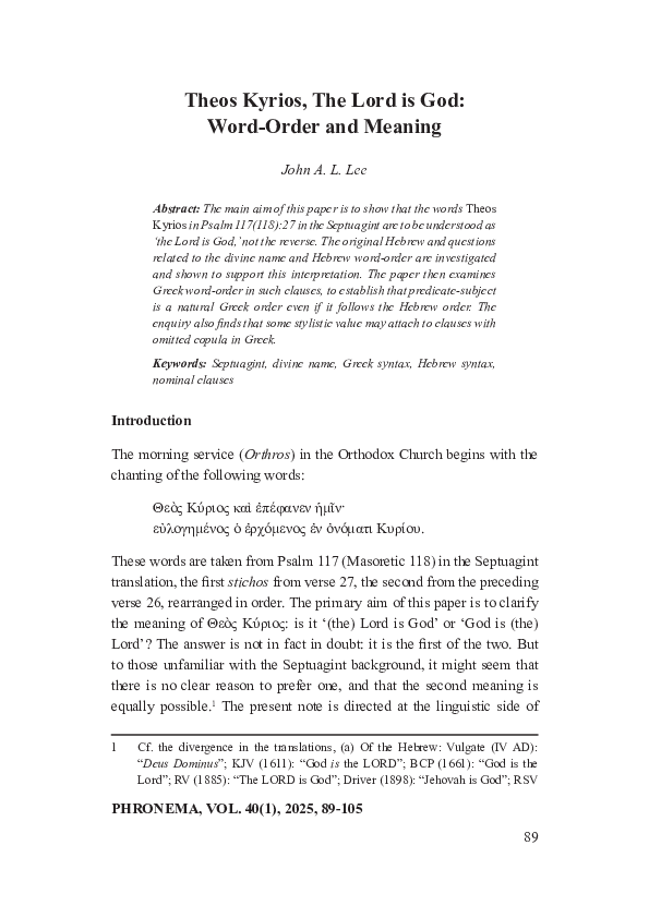 (PDF) Theos Kyrios, The Lord is God: Word-Order and Meaning