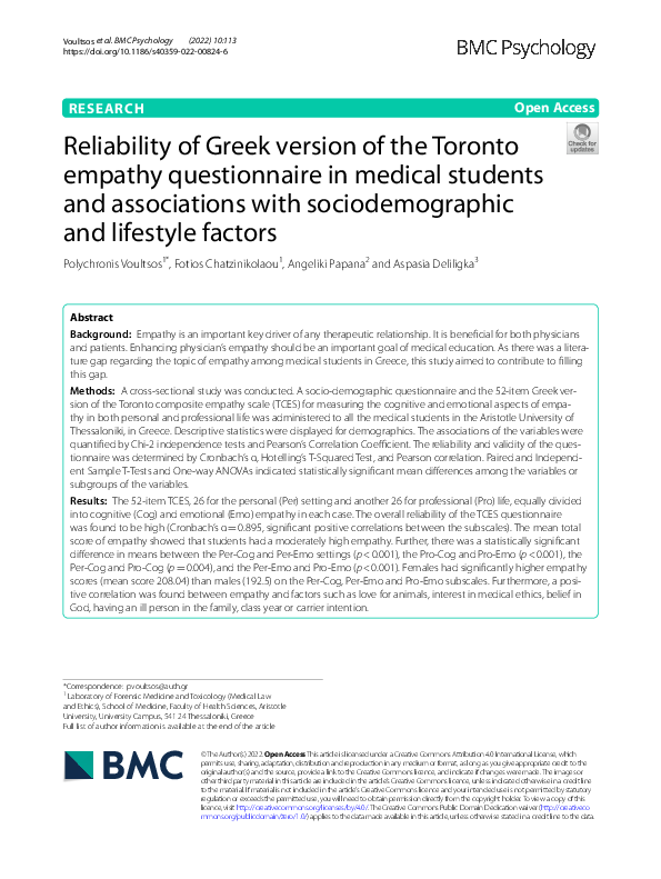 (PDF) Reliability of Greek version of the Toronto empathy questionnaire ...