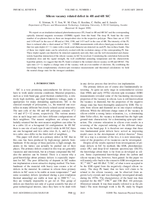 (PDF) Silicon vacancy related defect in 4H and 6H SiC