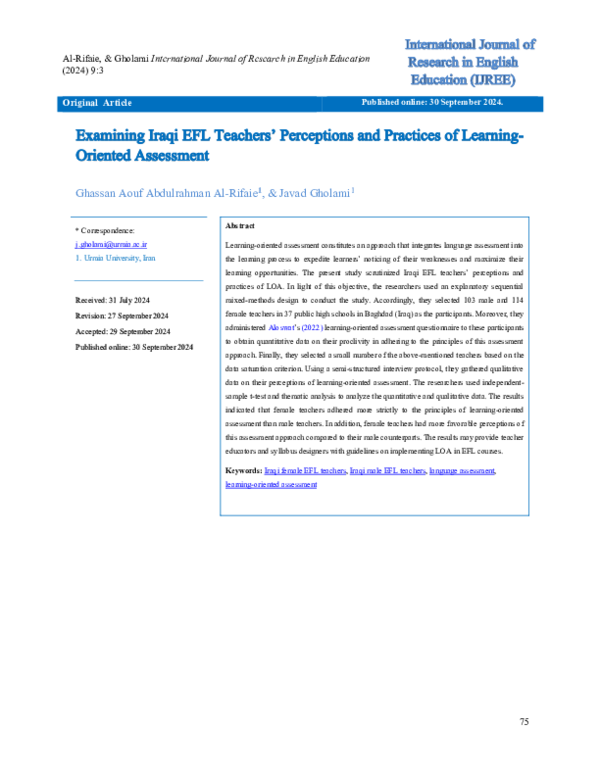 (PDF) Examining Iraqi EFL Teachers’ Perceptions and Practices of Learning-Oriented Assessment