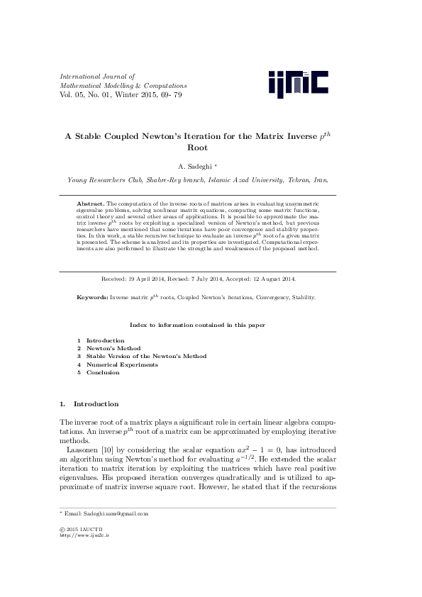 (PDF) A Stable Coupled Newton’s Iteration for the Matrix Inverse p th Root