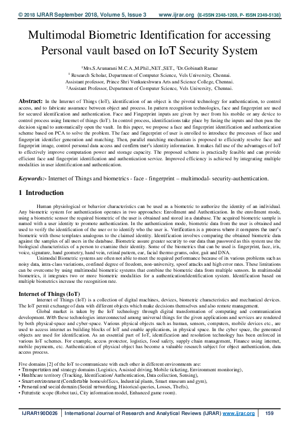 (PDF) Multimodal Biometric Identification for Accessing Personal Vault Based on Iot Security System