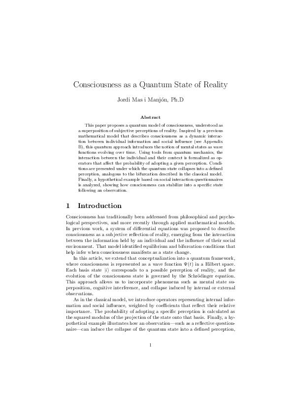 (PDF) Consciousness as a Quantum State of Reality