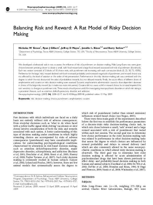 (PDF) Balancing Risk and Reward: A Rat Model of Risky Decision Making