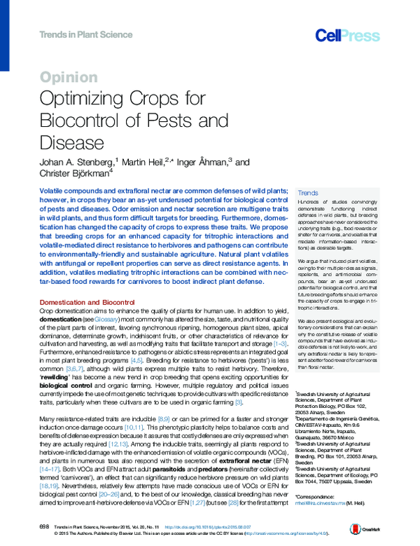 (PDF) Optimizing Crops for Biocontrol of Pests and Disease