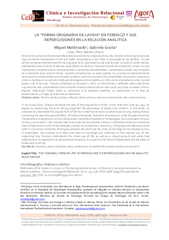 (PDF) Maldonado-Gusita LA “FORMA ORIGINARIA DE LAVIDA” EN FERENCZI Y ...