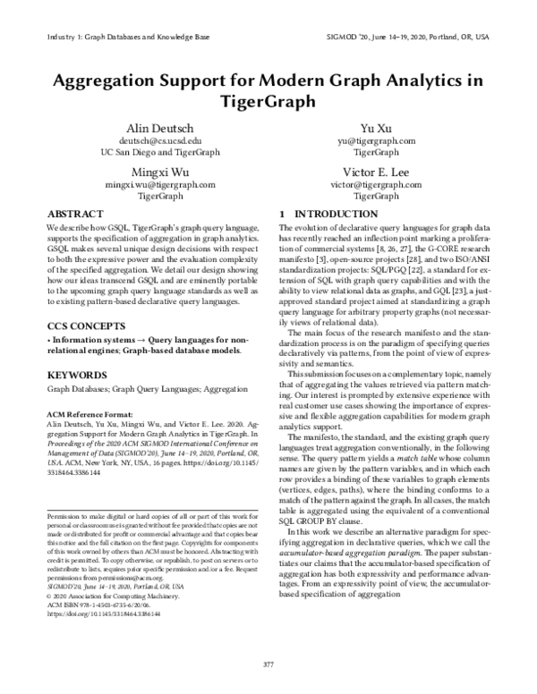 (PDF) Aggregation Support for Modern Graph Analytics in TigerGraph