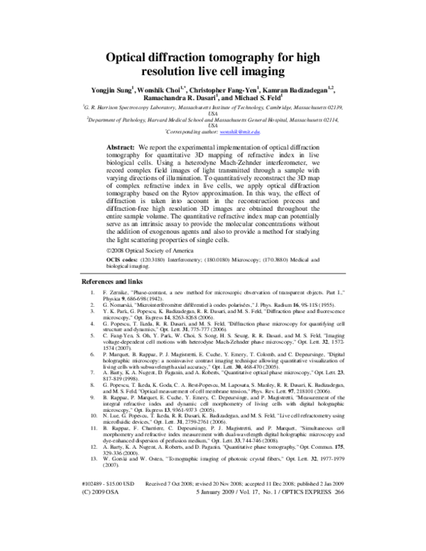 (PDF) Optical diffraction tomography for high resolution live cell imaging