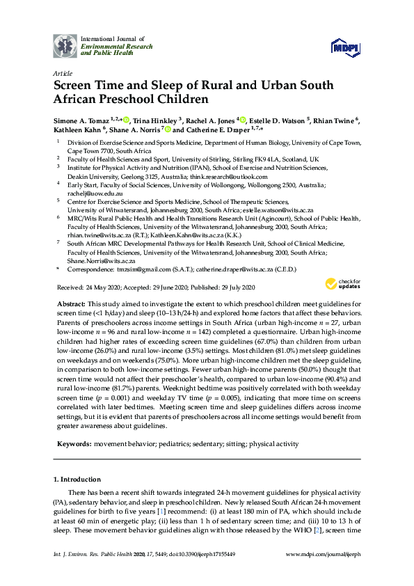 (PDF) Screen Time and Sleep of Rural and Urban South African Preschool ...