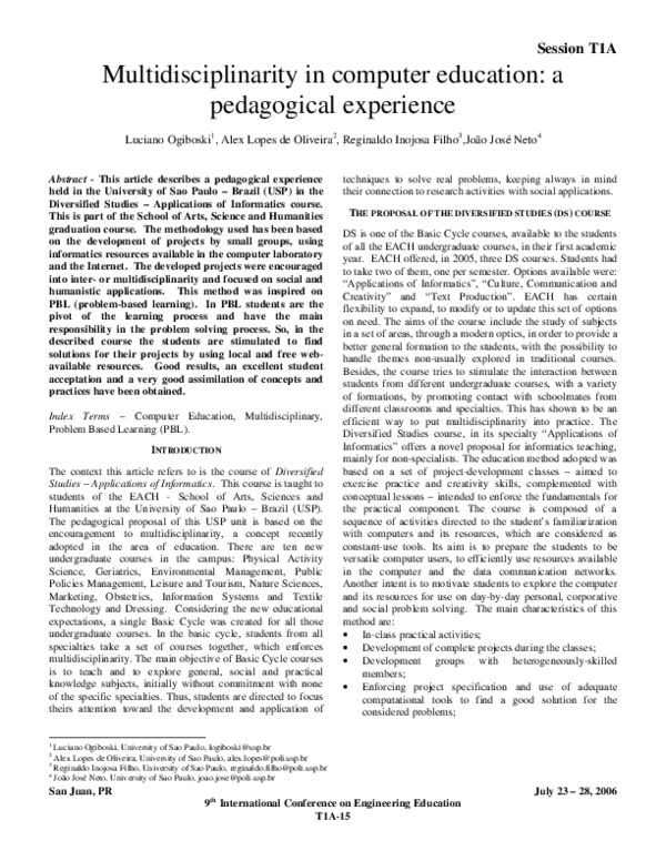 (PDF) Multidisciplinarity in computer education: a pedagogical experience