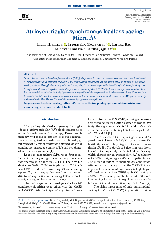 (PDF) Atrioventricular synchronous leadless pacing: Micra AV