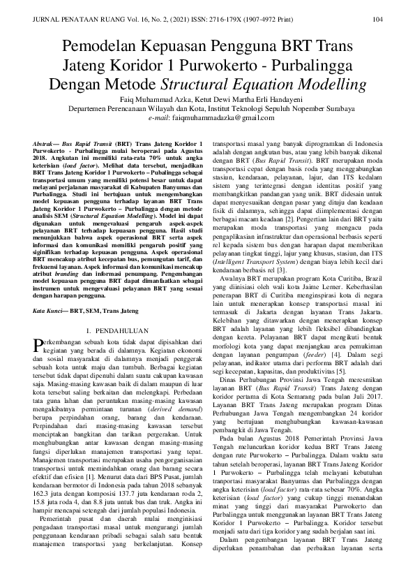 (PDF) Pemodelan Kepuasan Pengguna BRT Trans Jateng Koridor 1 Purwokerto - Purbalingga Dengan ...