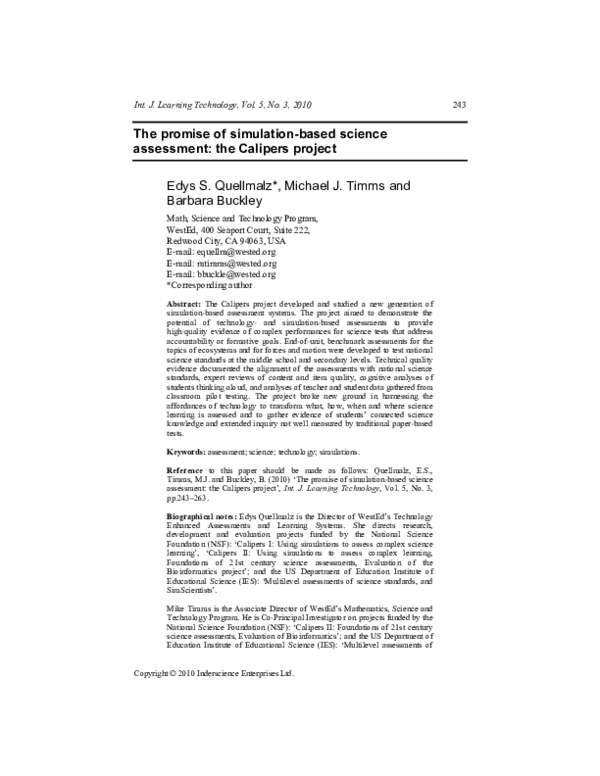 (PDF) The promise of simulation-based science assessment: the Calipers ...