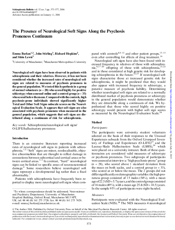 (PDF) The Presence of Neurological Soft Signs Along the Psychosis ...