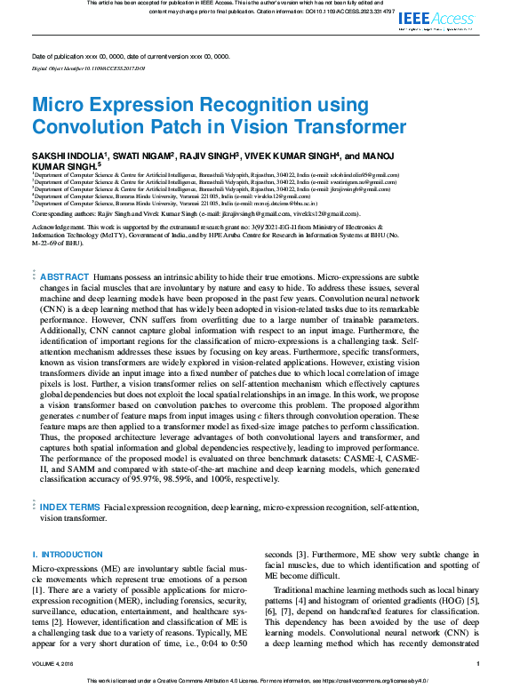 (PDF) Micro Expression Recognition using Convolution Patch in Vision Transformer
